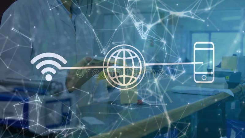 Using Tablet in Office, Person Viewing Network Connectivity Symbols and ...