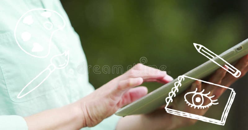 Using Tablet, Person Drawing with Art Tools Animation Over Green ...
