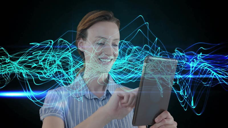 Using Tablet, Smiling Person with Digital Animation Overlay in School ...