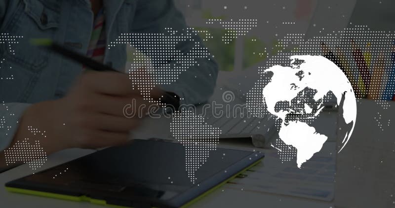 Using Tablet with World Map Animation Overlay, Person Focusing on ...