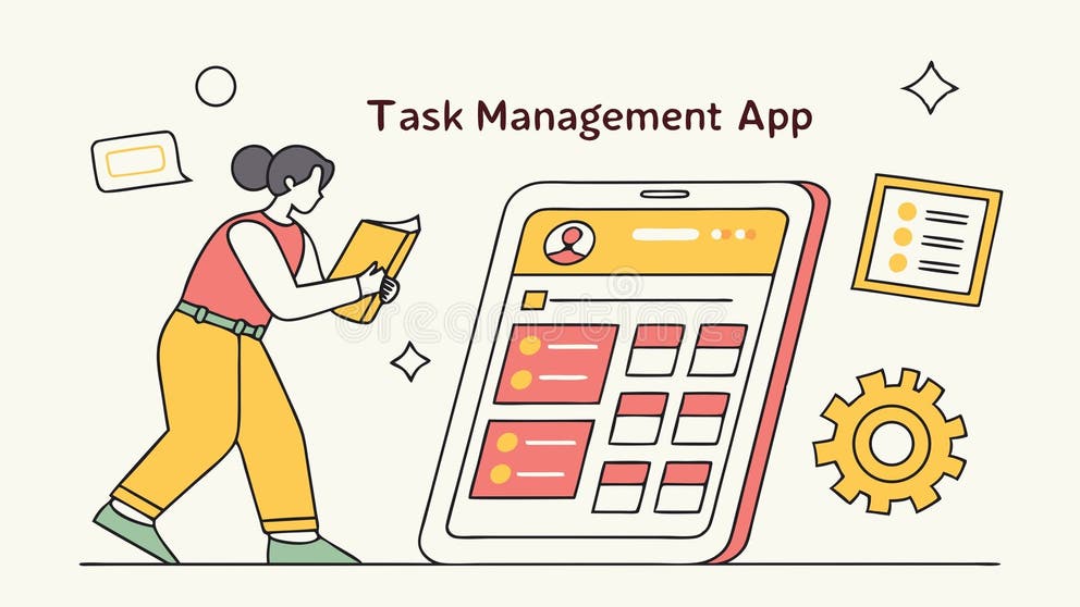 Using a Task Management App on Tablet for Team Productivity, Vector ...