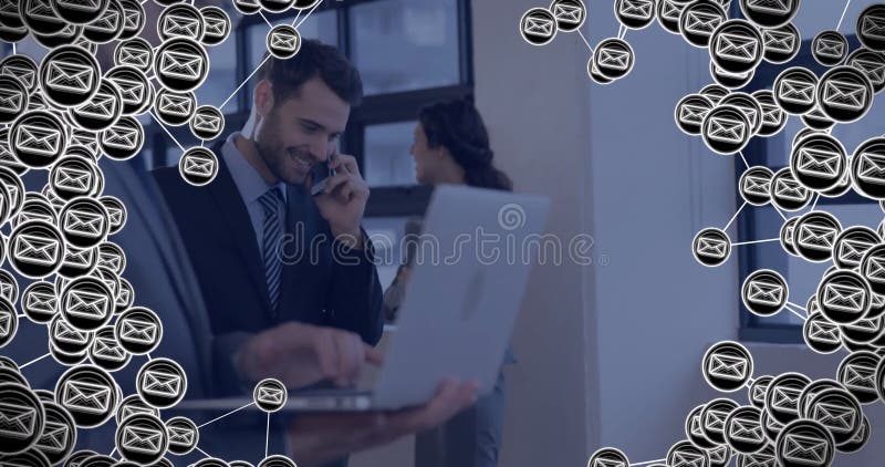 Using Technology, Business Professionals with Email Icons and Network ...