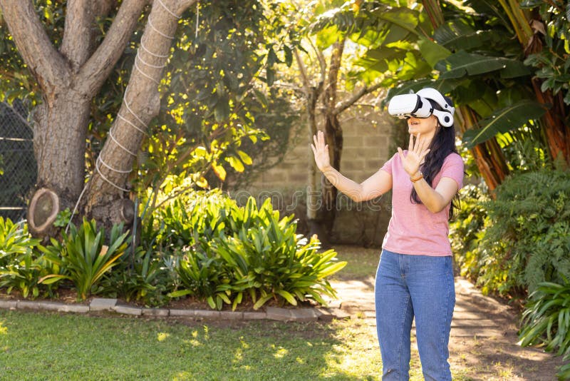 Immersive Virtual Reality Experience Woman Exploring Futuristic Digital ...