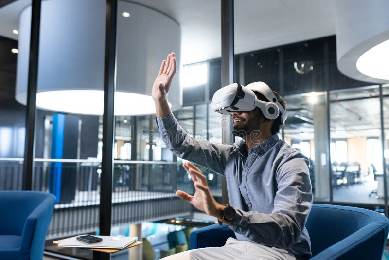 Using VR Headset, Man Interacting with Virtual Environment in Modern ...