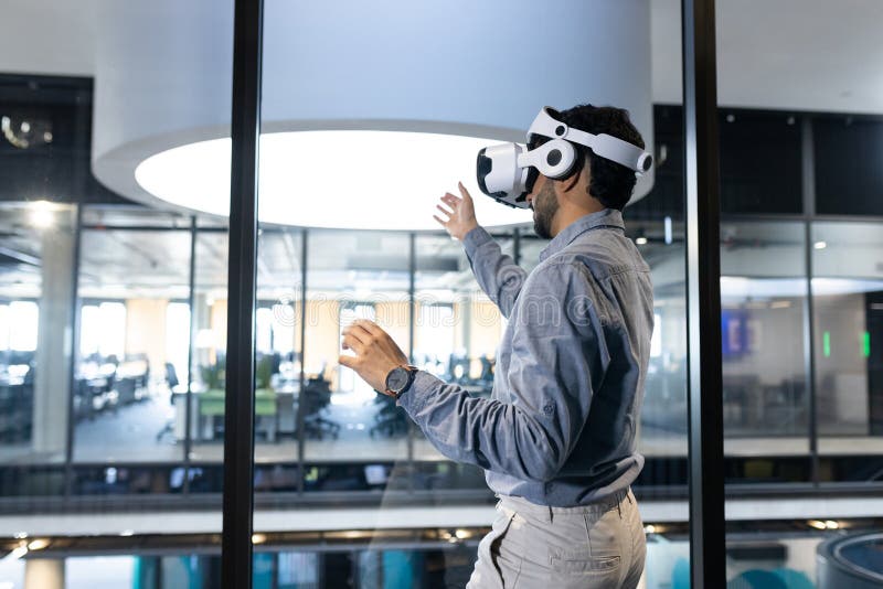 Using VR Headset, Man Interacting with Virtual Environment in Modern ...