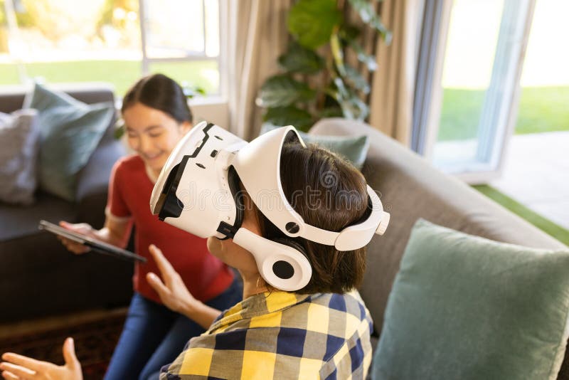 Using VR Headset, Mother Interacting with Virtual Environment, Friend ...