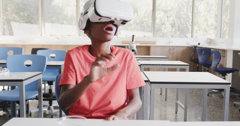 Using VR Headset, Student Exploring Virtual Reality in School Classroom ...