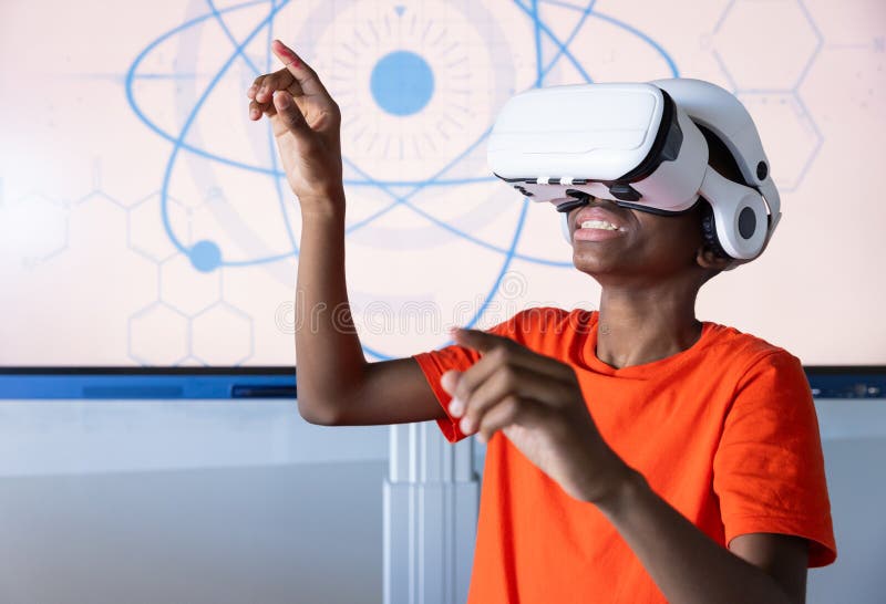 Using VR Headset, Student in School Engaging with Virtual Reality ...