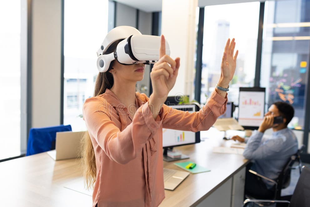 Using VR Headset, Woman Interacting with Virtual Environment in Modern ...