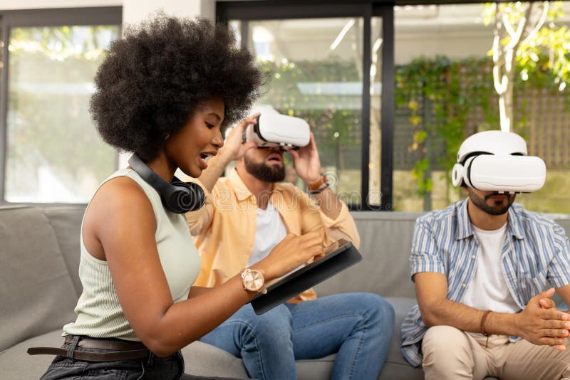 Using VR Headsets, Diverse Friends Exploring Virtual Reality while ...