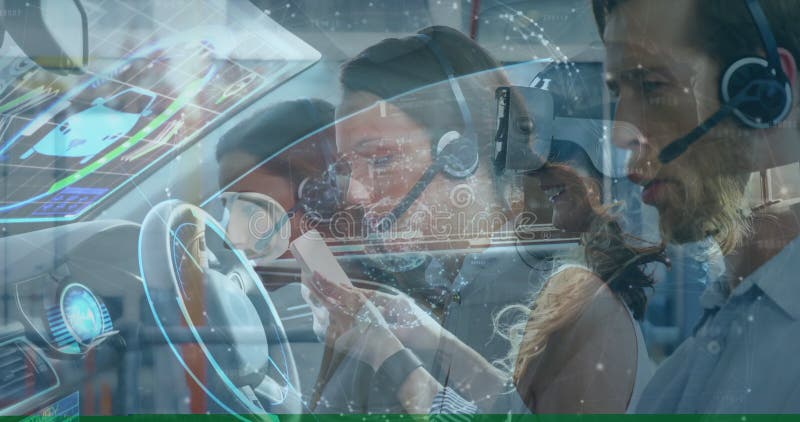 Using VR Headsets, People Interacting with Futuristic Car Dashboard and ...