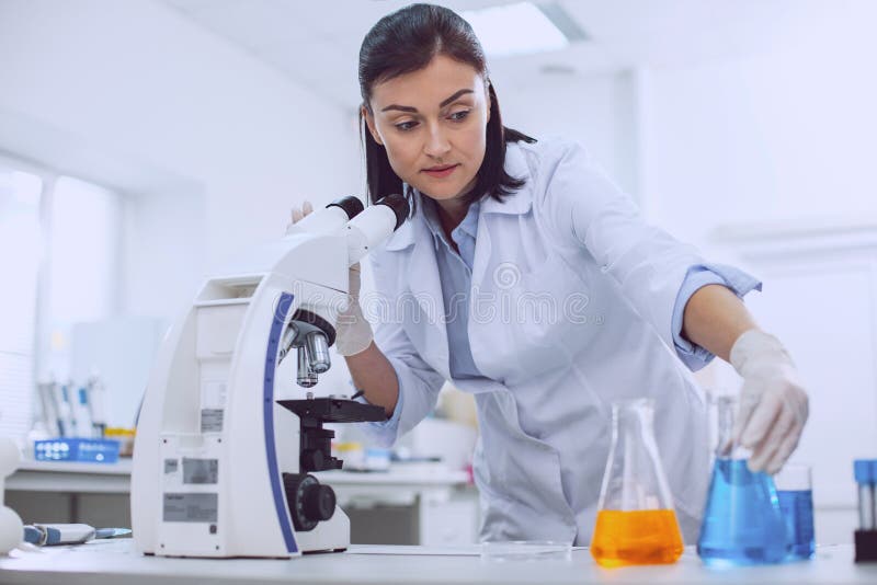 Concentrated Female Biologist Working with a Microscope Stock Image ...