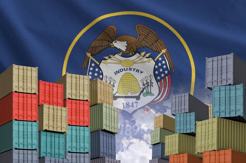 Utah US State Flag and Big Stack of Shipping Cargo Containers in Docks ...