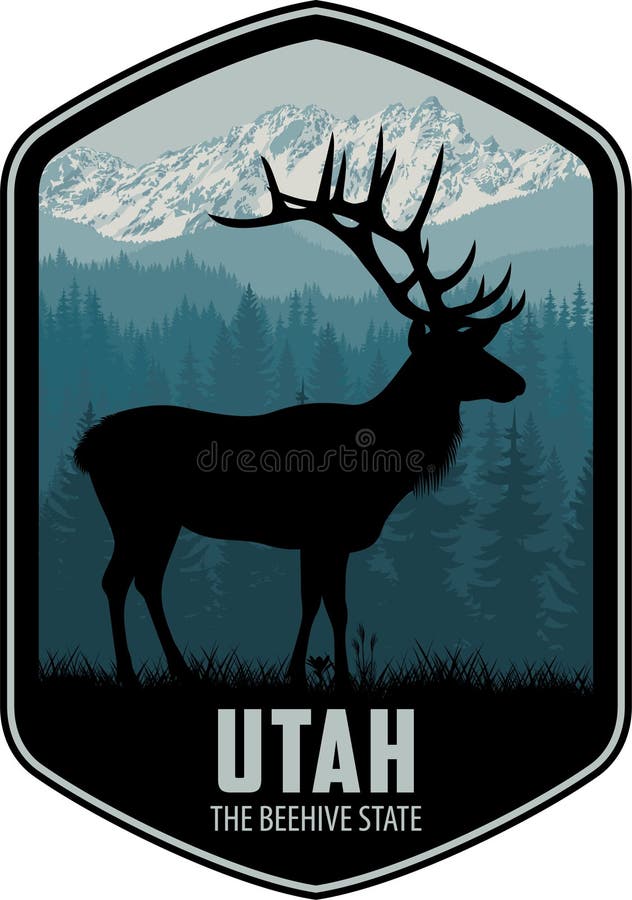 Utah Vector Label with Rocky Mountain Elk and Rocky Mountains Stock ...
