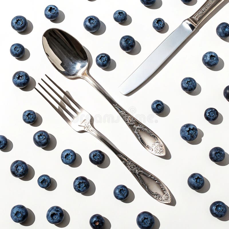 Utensils and Blueberries Pattern on White Background Stock Illustration ...