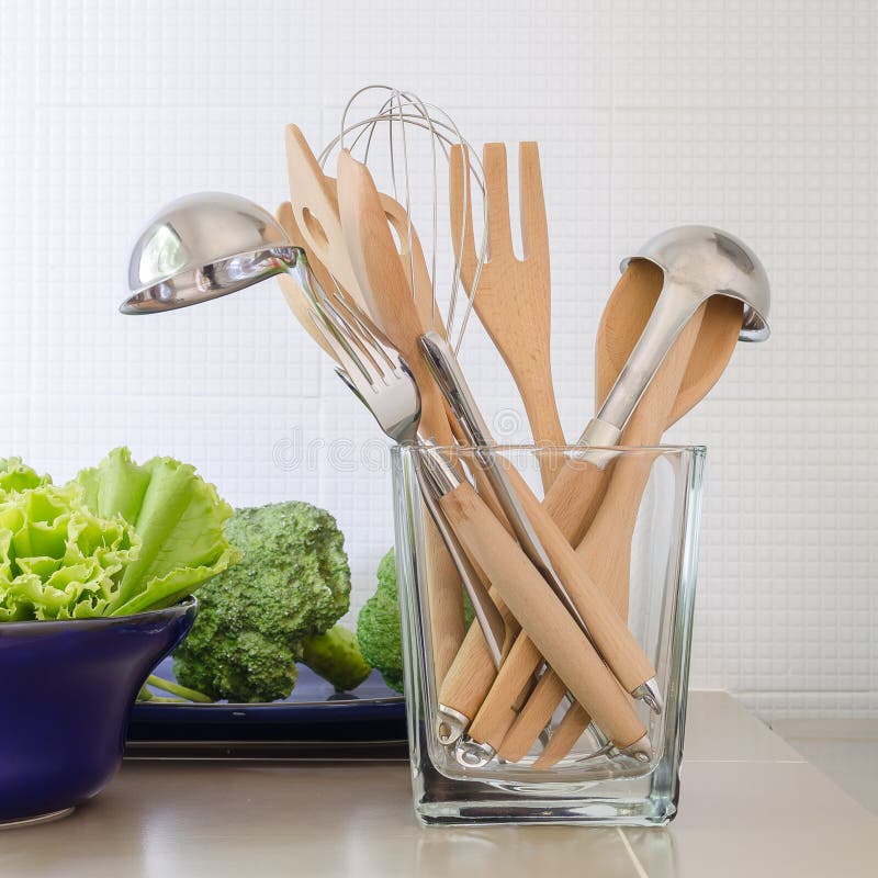 Utensils in Glass Bottle on Kitchen S Counter Stock Image - Image of ...