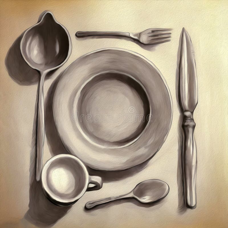 Kitchen Utensils, Plate, Cup, Spoon and Fork, Minimalistic Art, Sketch ...