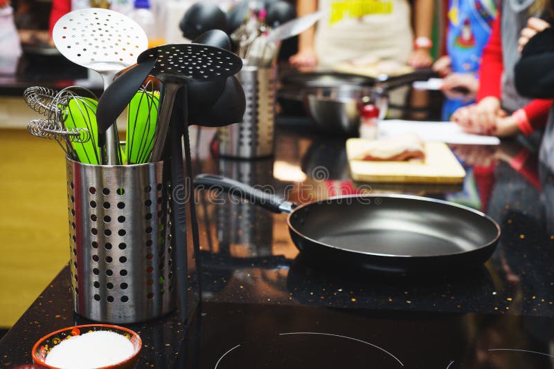 Utensils and Kitchen Utensils, Cooking Induction Panel. Soft Focus and ...