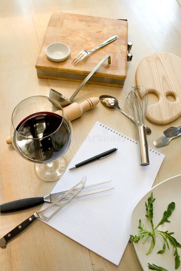 Utensils, Notebook and Wine Stock Image - Image of fork, ingredient ...