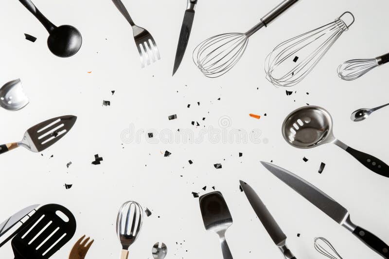 Creative Kitchen Utensils Scattered Artistically Against a White ...