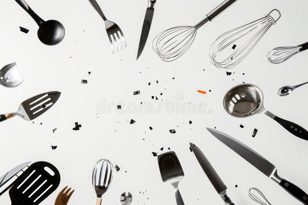 Creative Kitchen Utensils Scattered Artistically Against a White ...