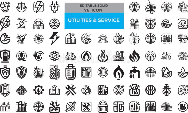 76 Solid Icons for Utilities & Service Set in Fill Style. Excellent ...