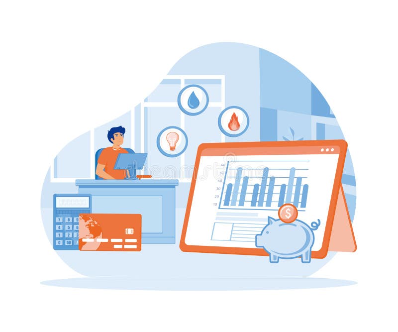 Utility Bills Concept. Man Checking and Paying Utility Bills Online on ...