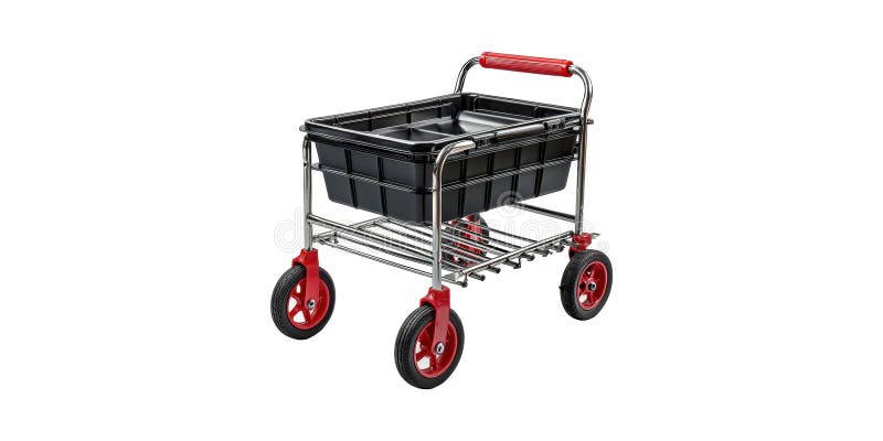 Utility Cart with Red Wheels and Black Storage Bin. Versatile Transport ...