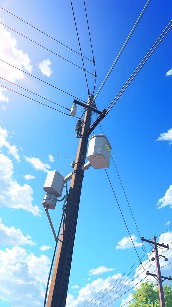 An Utility Pole with a Technician in a Bucket Truck Stock Illustration ...