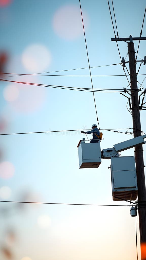 An Utility Pole with a Technician in a Bucket Truck Stock Illustration ...