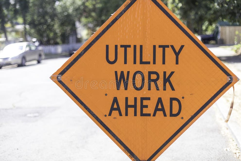 Utility Work Ahead Sign stock photo. Image of hazard - 98208312