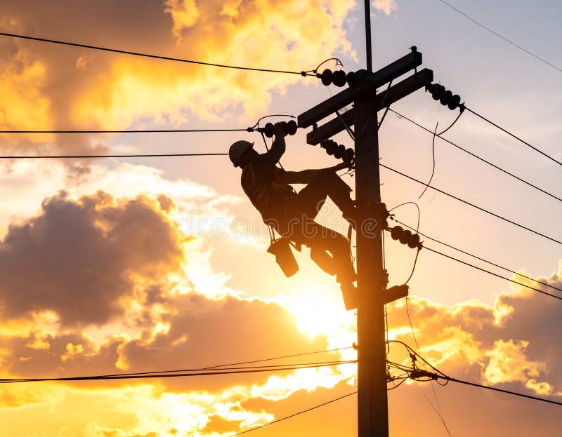 A Utility Worker is Silhouetted Stock Photo - Image of light, harness ...