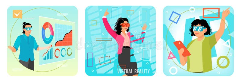 Virtual Reality Interface Displaying Data Analysis. Woman Wearing VR Headset. VR Experience ...