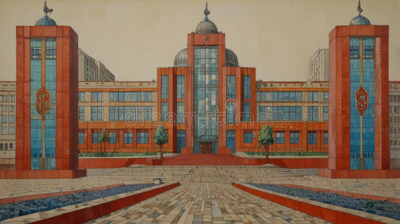 Utopian Soviet-Style Government Building with Towering Red-Brick Facade ...