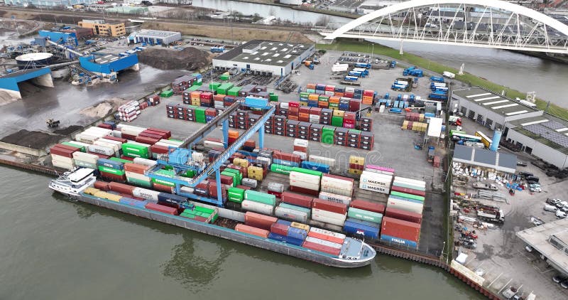 : Inland Shipping Container Terminal in Utrecht. Loading and Unloading ...
