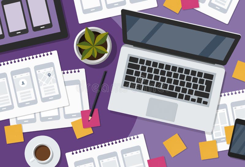 UX Designer Desk with Mobile App Wireframes Stock Illustration ...