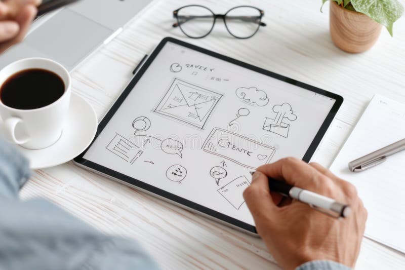 A UX Designer Sketching Wireframes on a Tablet with Coffee and Glasses ...