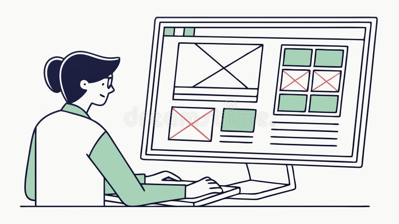 A UX Designer Working on a Website Page Layout on a Computer, Vector ...