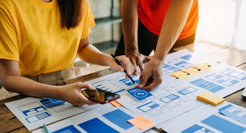 UX Developer and Ui Designer Brainstorming about Mobile App Interface Wireframe Design with ...