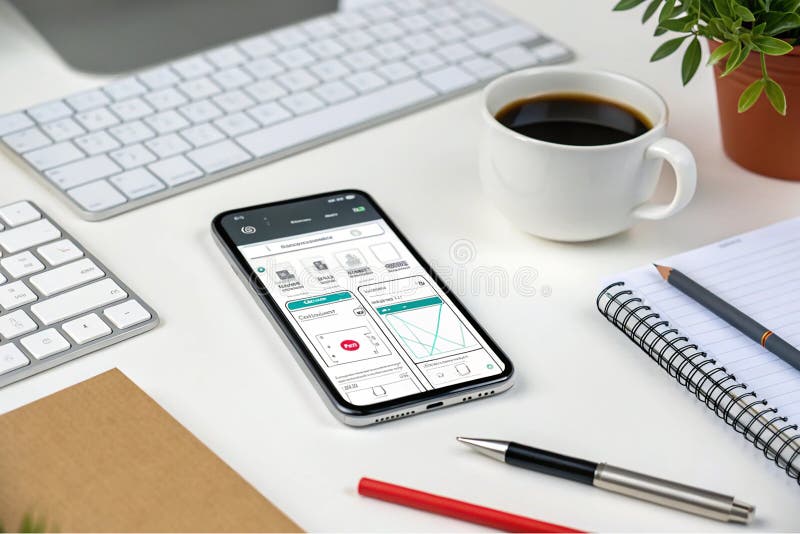 Ux Ui Design App on Office Desk. Software Development Smartphone Stock ...