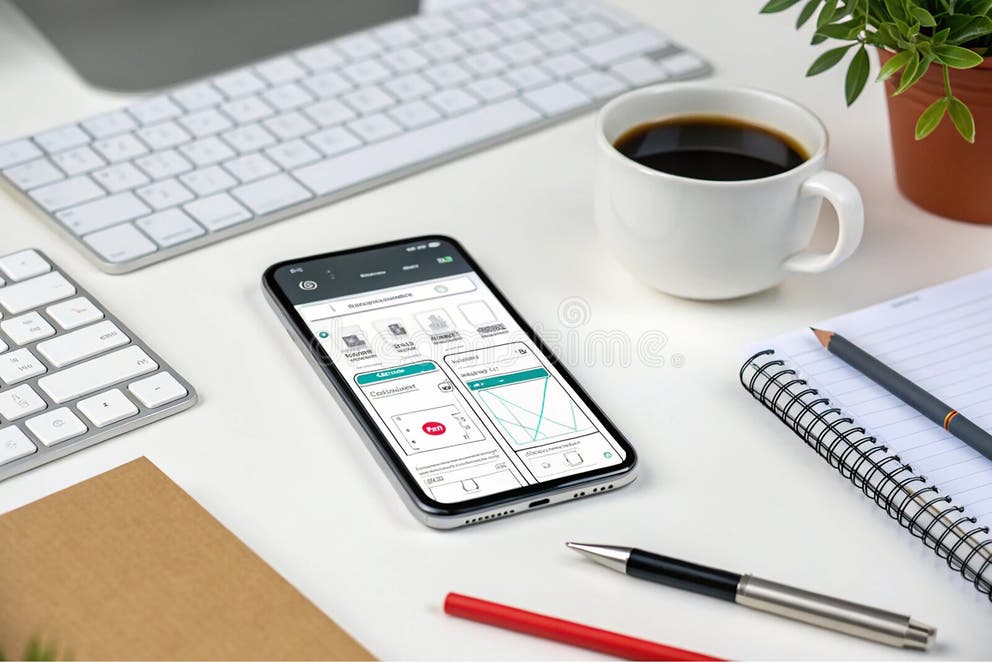 Ux Ui Design App on Office Desk. Software Development Smartphone Stock ...