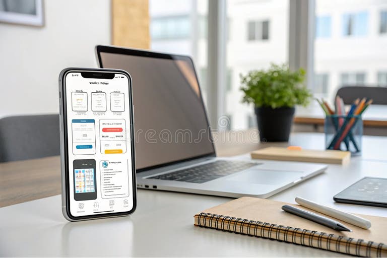 Ux Ui Design App on Office Desk. Software Development Smartphone Stock ...