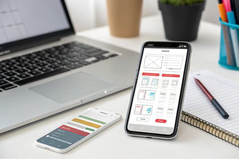 Ux Ui Design App on Office Desk. Software Development Smartphone Stock ...