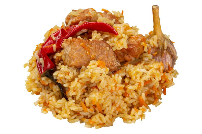 Uzbek Pilaf with Meat and Garlic, a Portion of Pilaf on a White ...