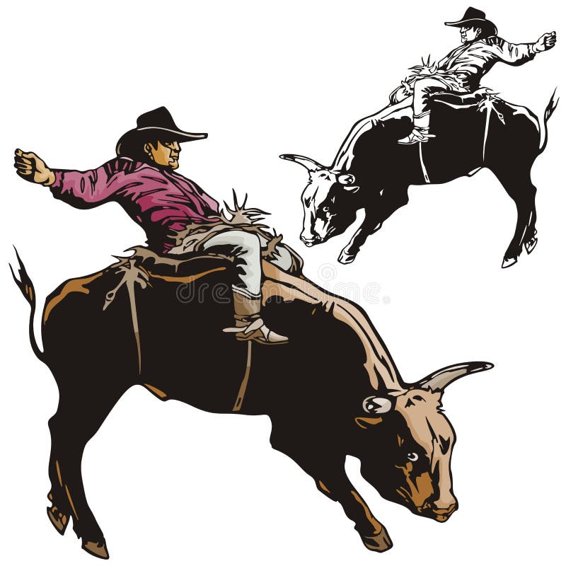 Rodeocowboy Bull Riding Cartoon Stock Illustrationer - Illustration av ...
