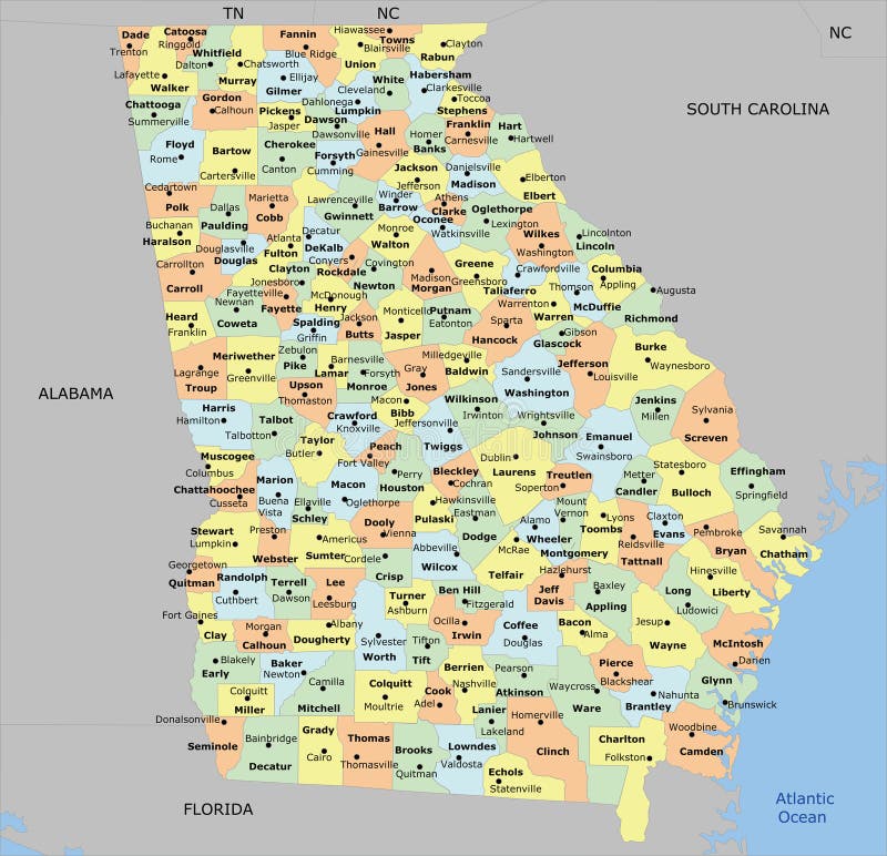 Georgia County Map with 159 Counties Stock Vector - Illustration of ...