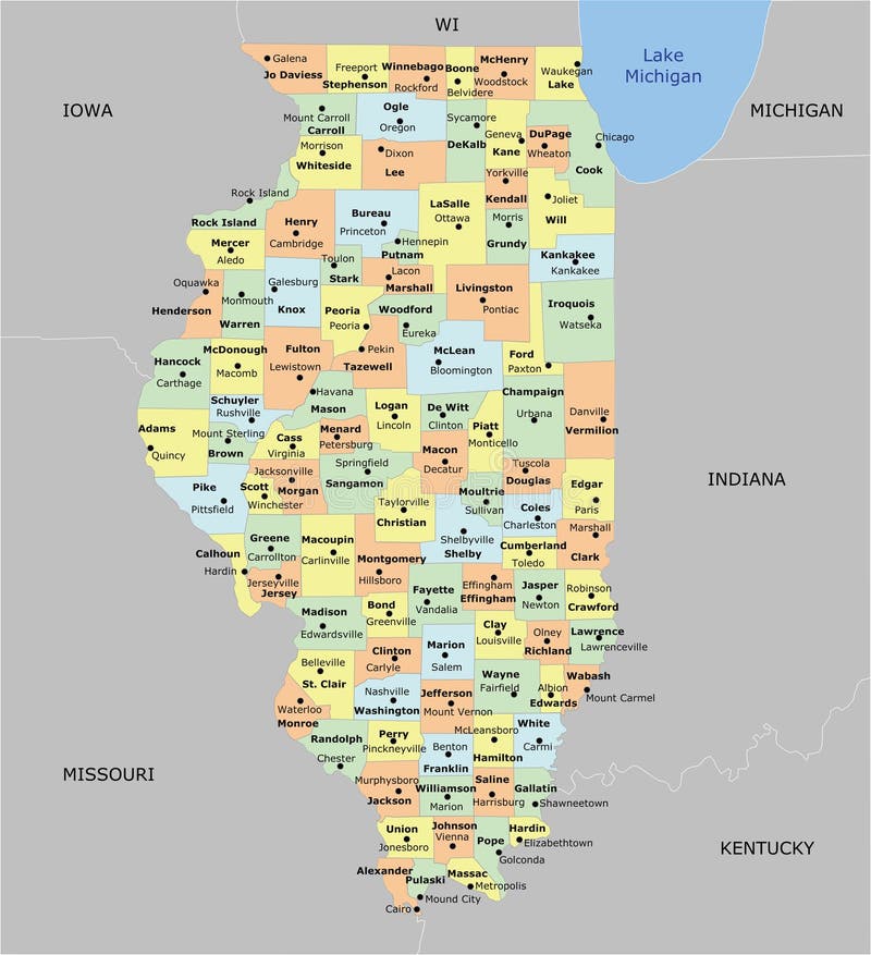 Illinois County Map with 102 Counties Stock Vector - Illustration of ...