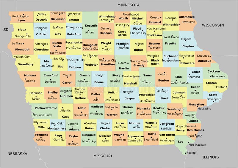 Iowa County Map with 99 Counties Stock Vector - Illustration of henry ...