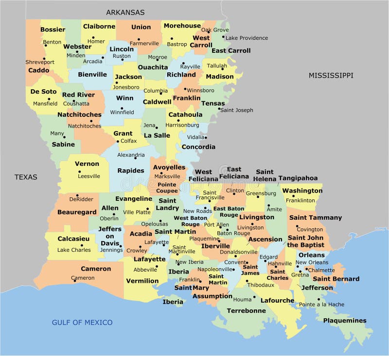 Louisiana County Map with 64 Parishes Stock Vector - Illustration of ...