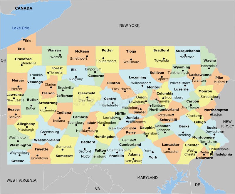 Pennsylvania County Map with 67 Counties Stock Vector - Illustration of ...